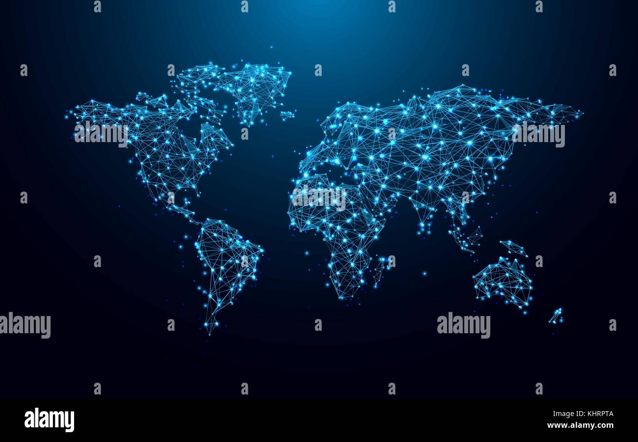 world map from lines and triangles, point connecting network on blue background. Illustration ...