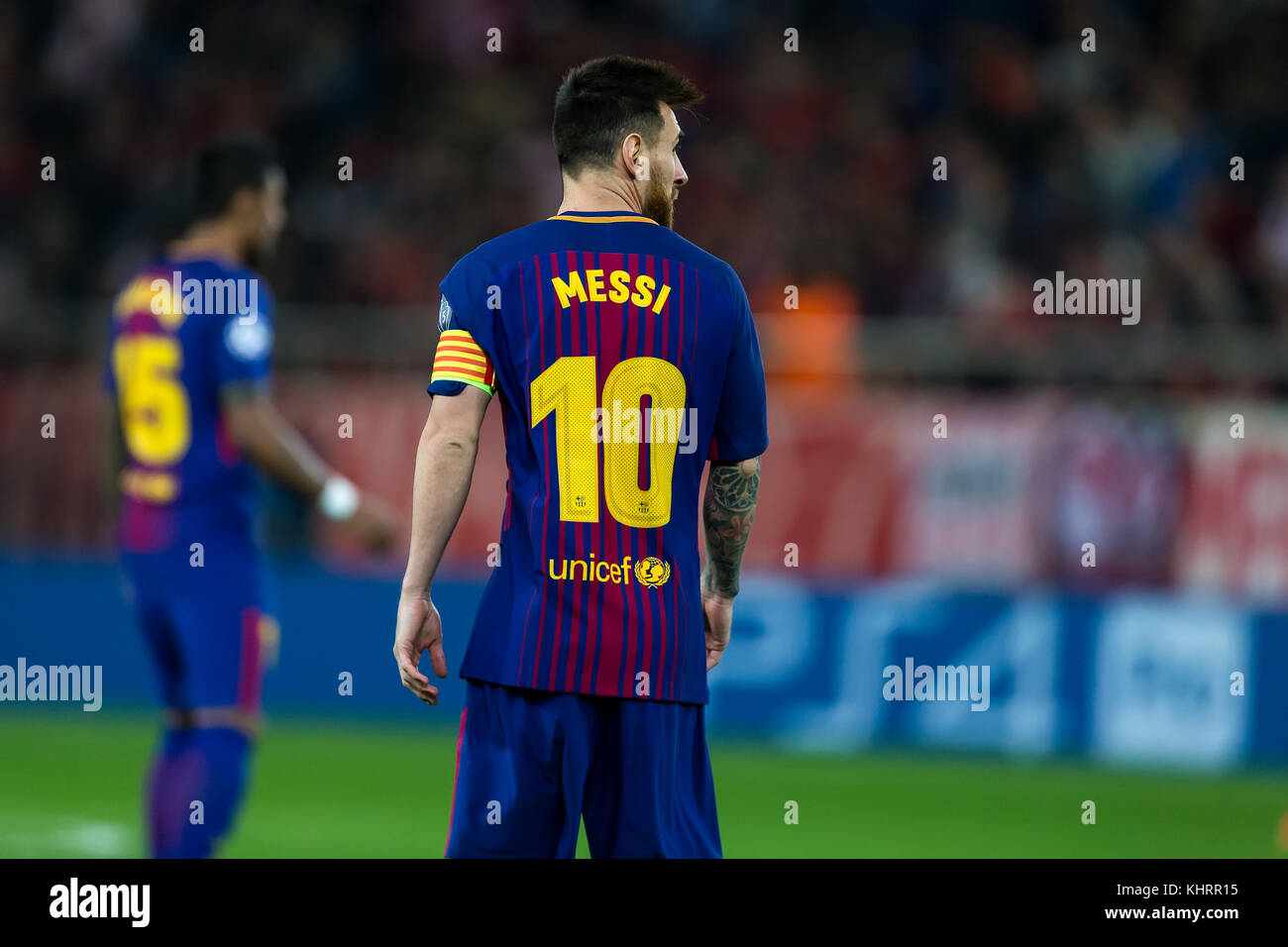 Piraeus, Greece - October 31, 2017: Player of Barcelona Lionel Messi ...