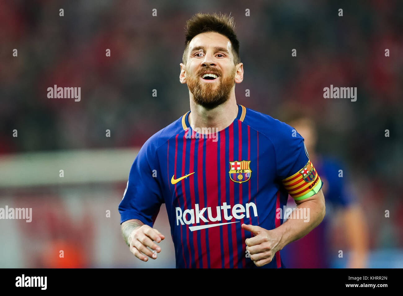 Piraeus, Greece - October 31, 2017: Player of Barcelona Lionel Messi ...