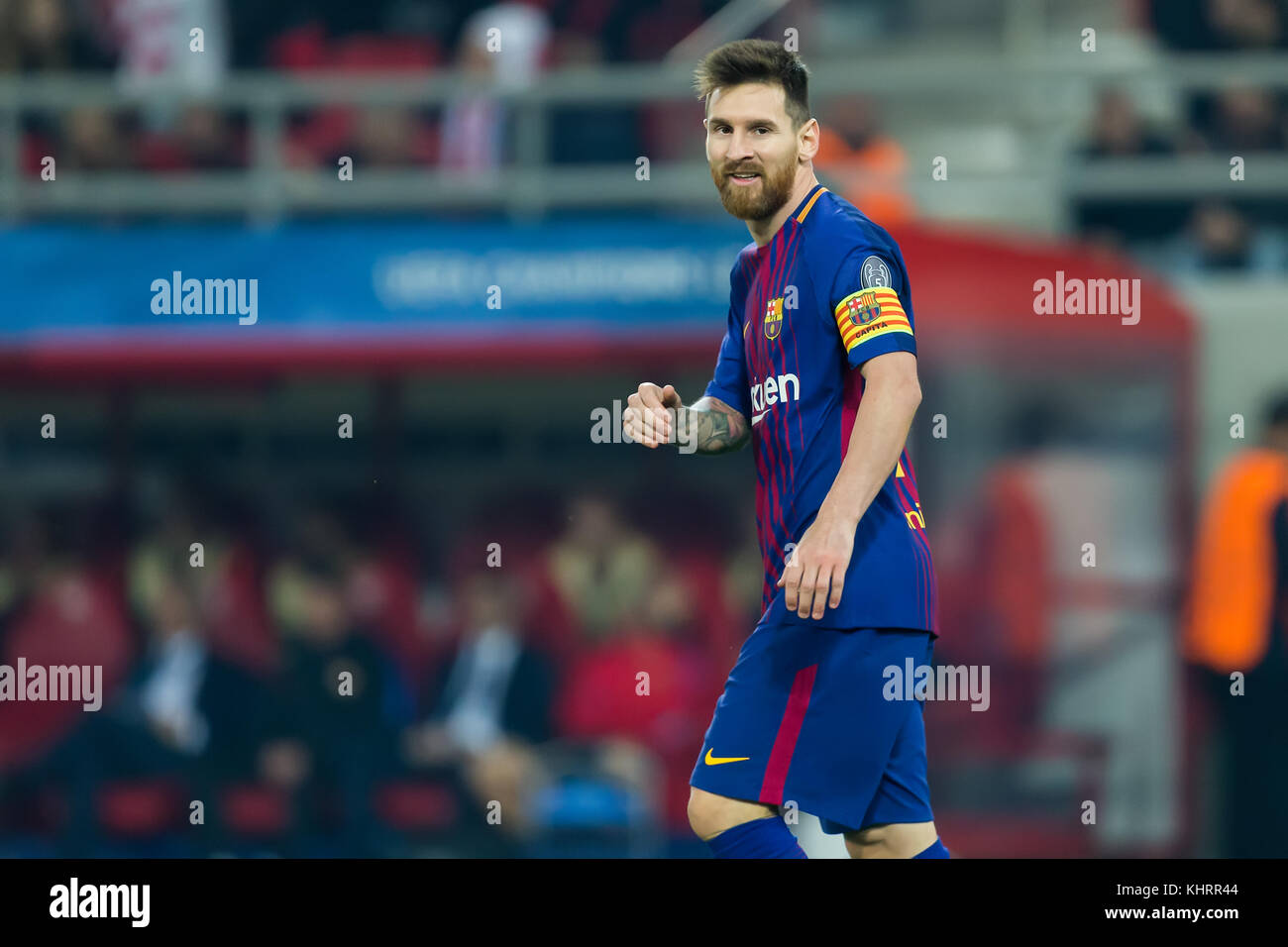 Piraeus, Greece - October 31, 2017: Player of Barcelona Lionel Messi ...