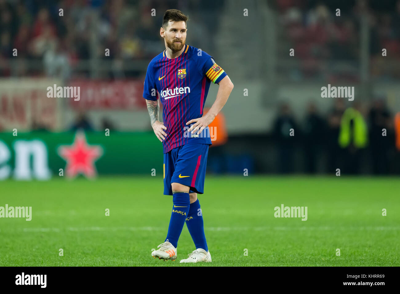 Piraeus, Greece - October 31, 2017: Player of Barcelona Lionel Messi ...