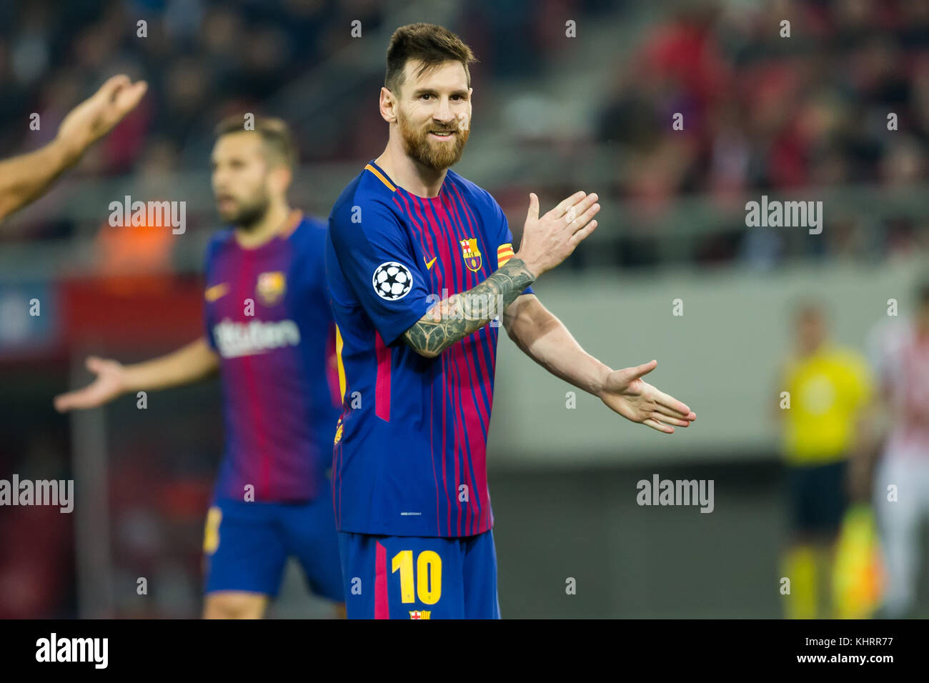 Piraeus, Greece - October 31, 2017: Player of Barcelona Lionel Messi ...