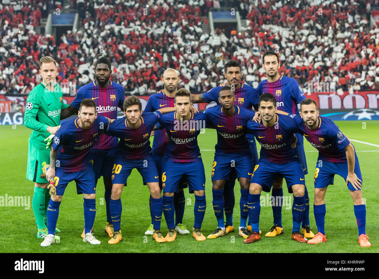 Piraeus, Greece - October 31, 2017: Barcelona players pose for a ...