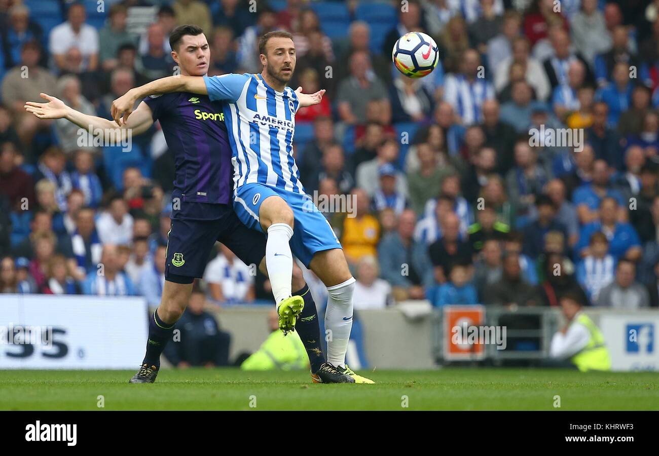 Everton's Michael Keane challenges Glenn Murray of Brighton during the ...