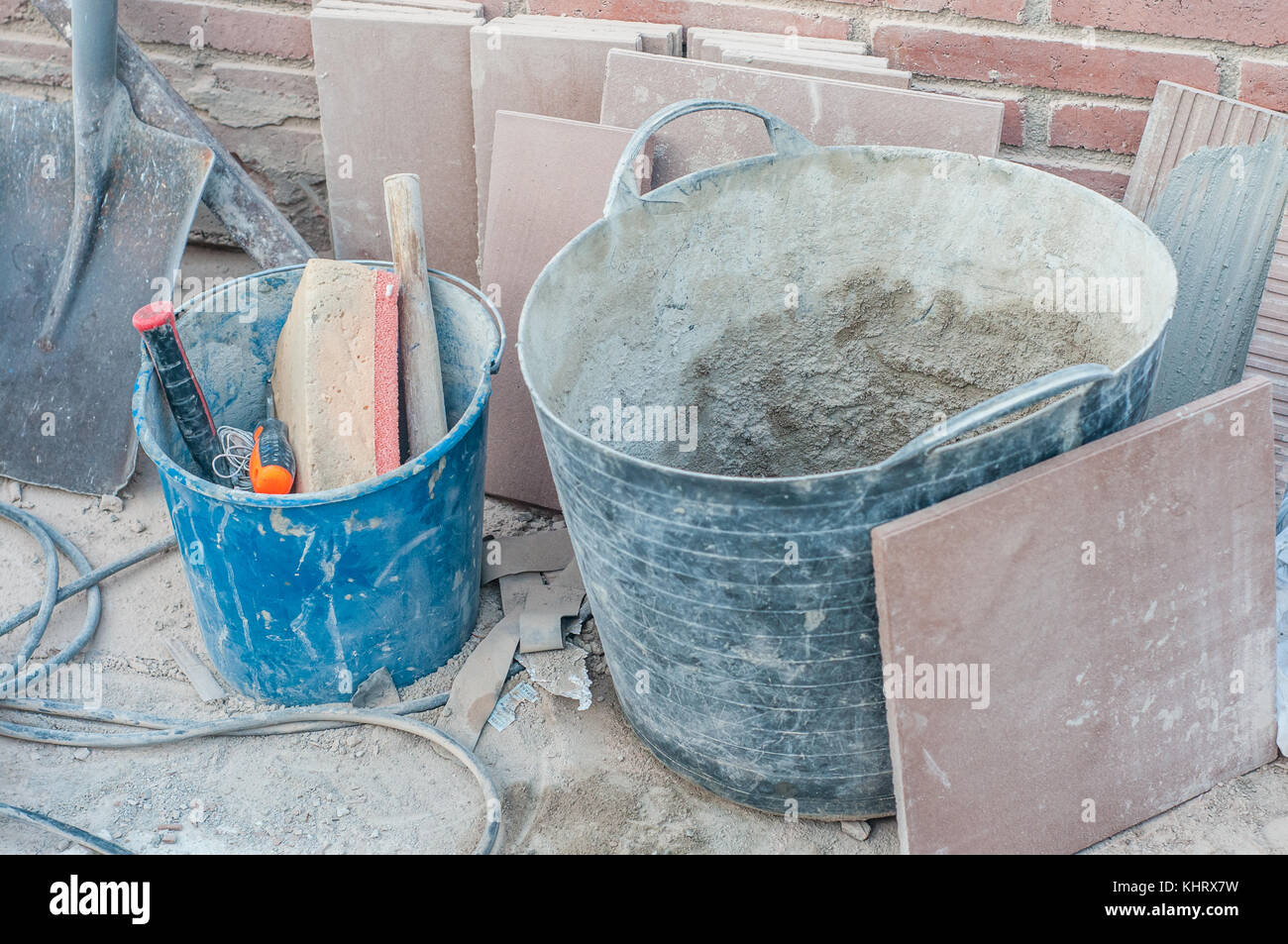 construction tools in a plastic bucket Stock Photo - Alamy