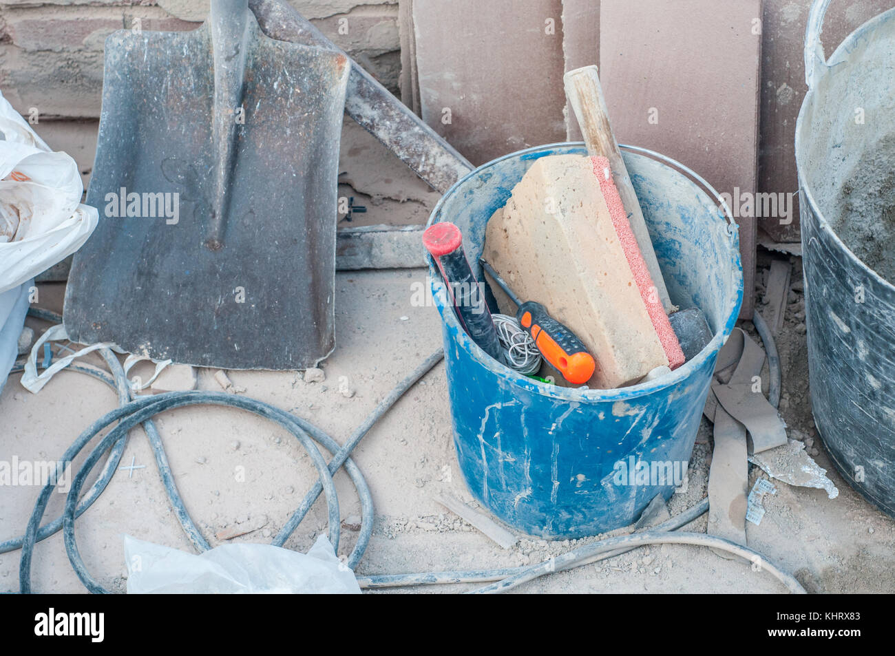 construction tools in a plastic bucket Stock Photo - Alamy