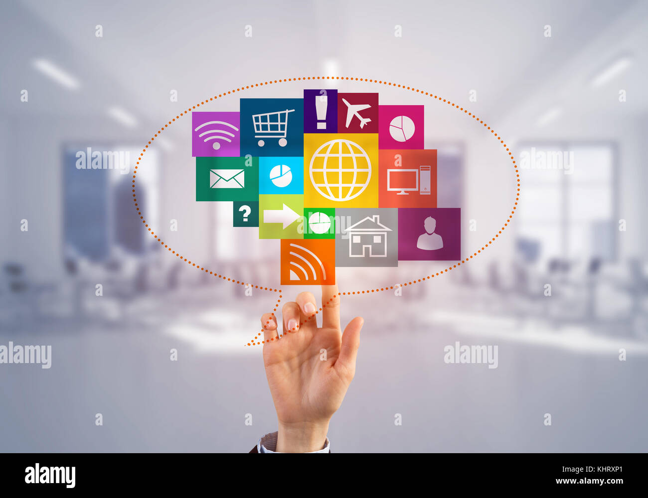 Modern office interior and close of businesswoman hand choosing icon on ...