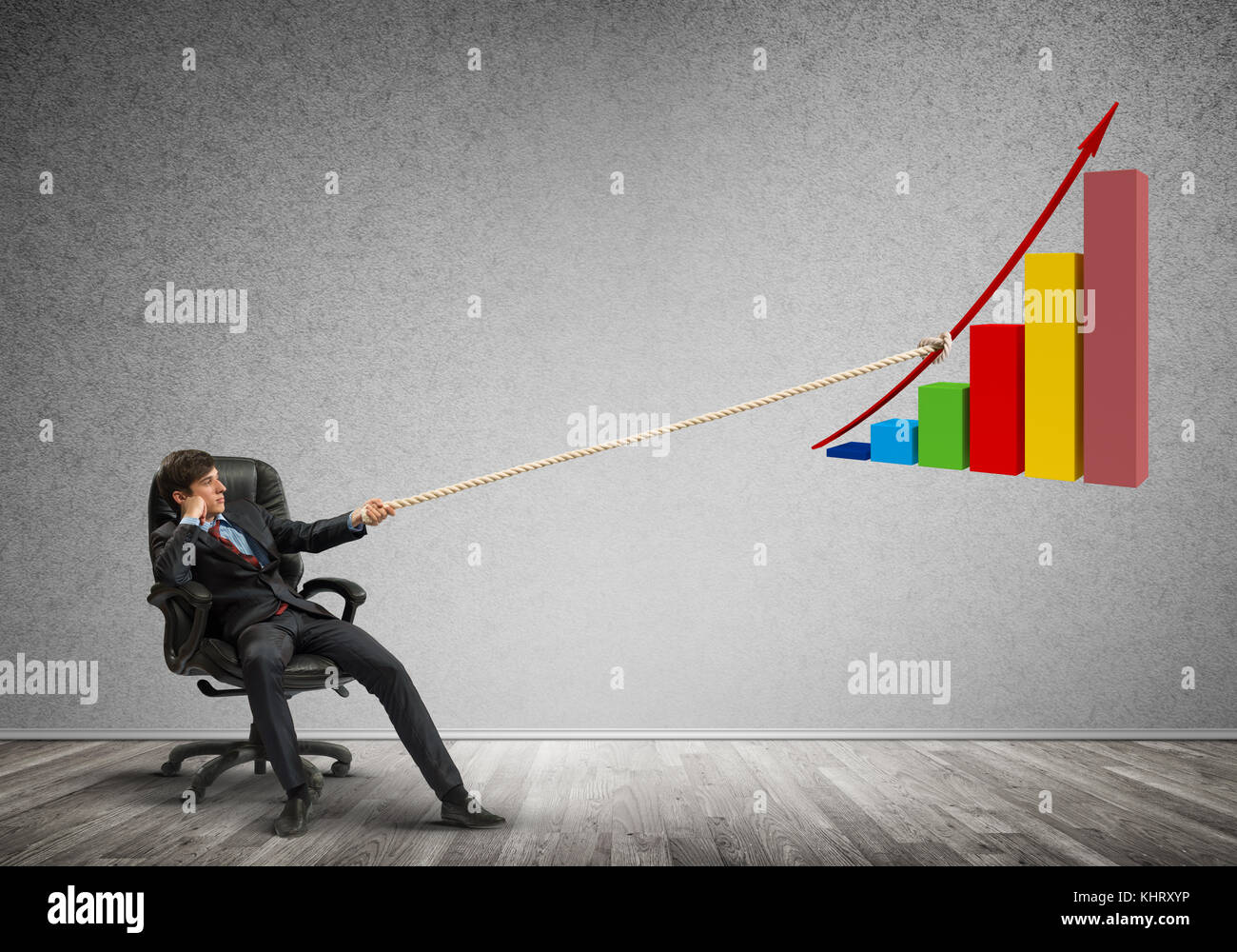 Businessman pulling graph with rope as concept of power and control ...
