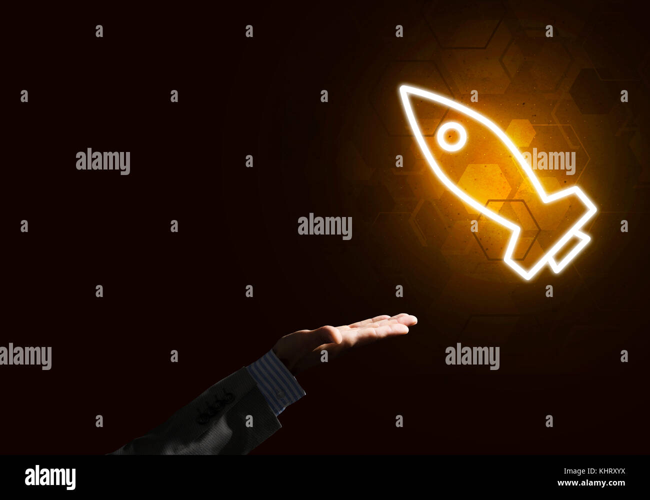 Man palm presenting Rocket web icon as technology concept Stock Photo ...