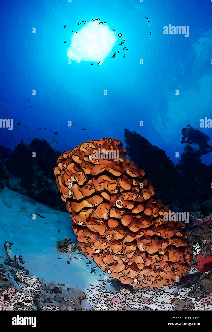 Underwater scene with the sun overhead featuring a large brown sponge ...