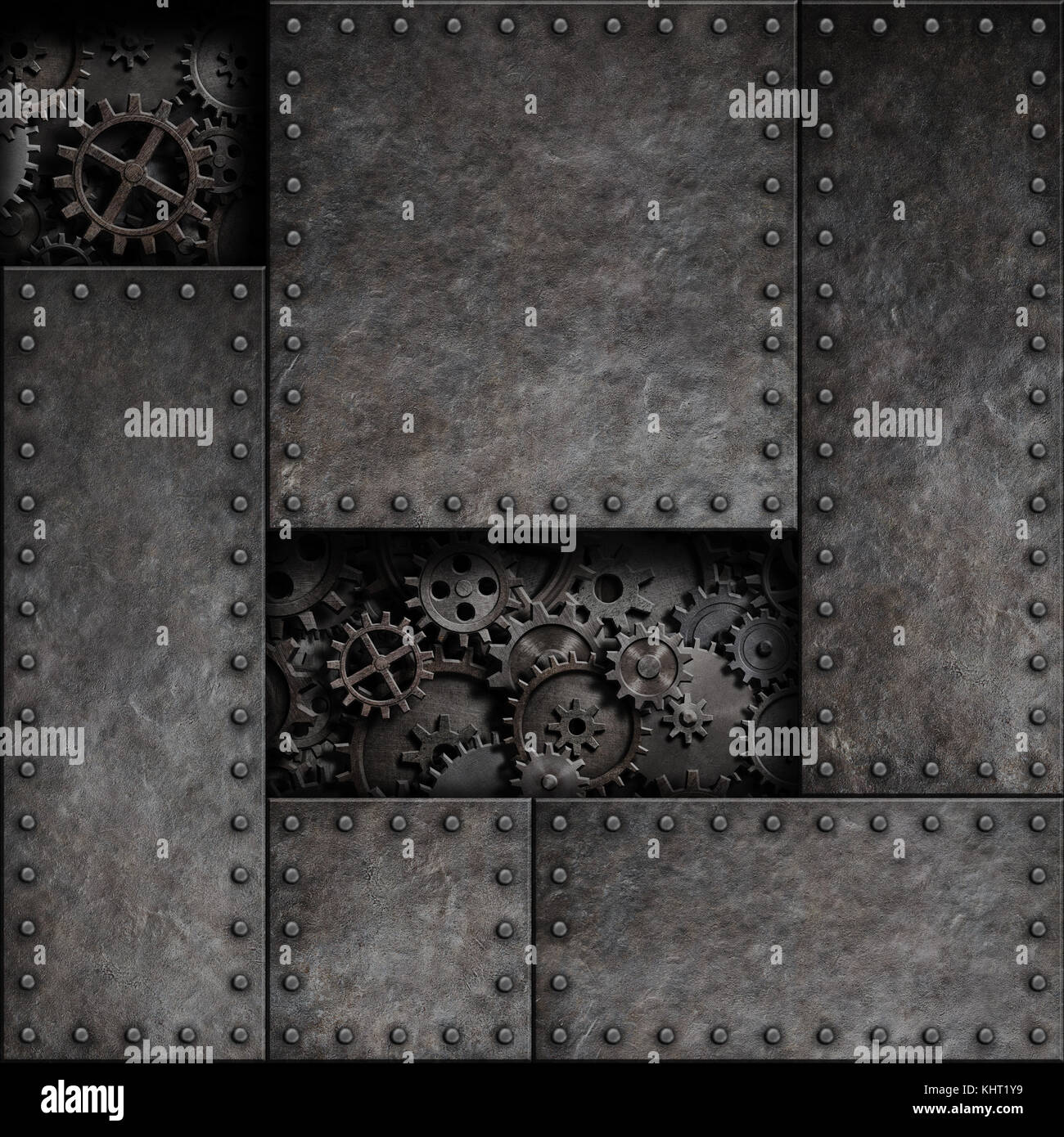 Rusty metal with cogs and gears behind. Steam punk technology 3d ...