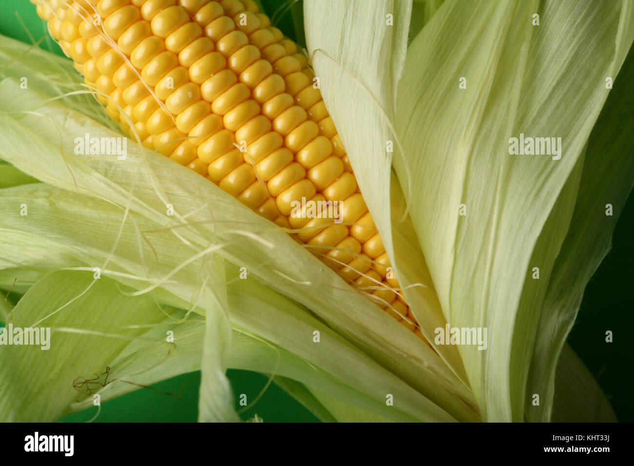 One corn cob closeup on green background, food Stock Photo - Alamy