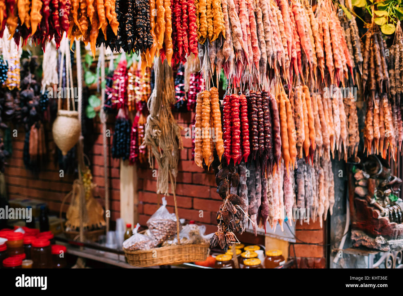 Colorful Churchkhela Hanging In Shop. Churchkhela Is A Traditional ...