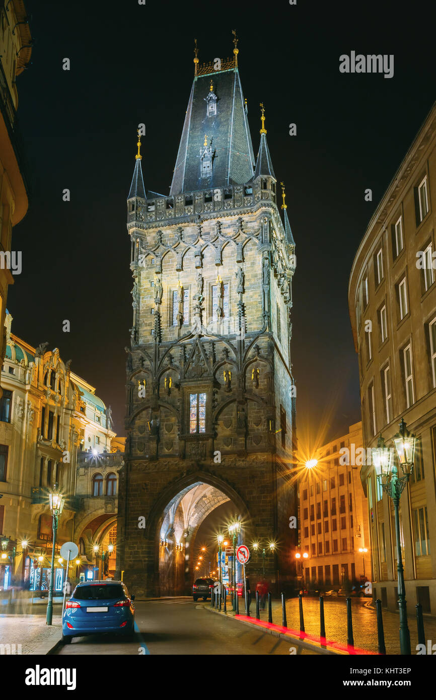 Prague, Czech Republic. Night View Of The Powder Tower Or Powder Gate. It Is One Of The Original ...