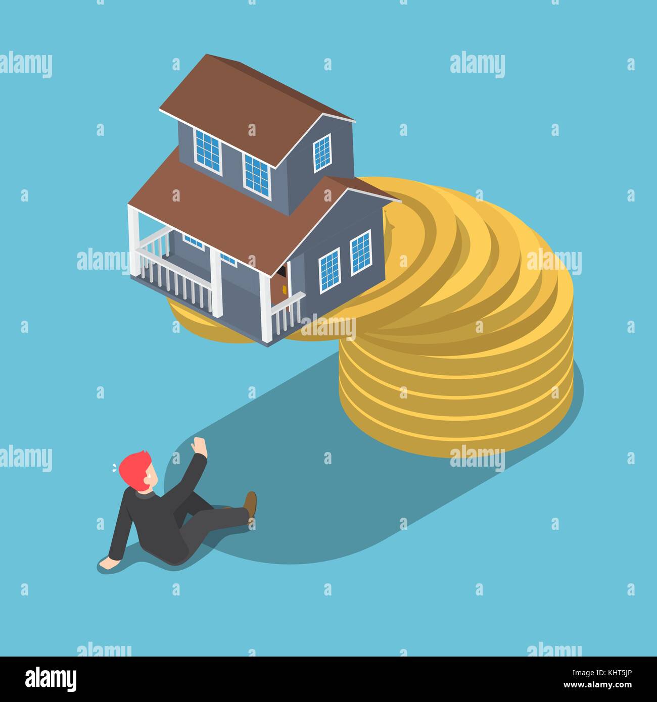 Flat 3d isometric house on the top of golden coin falling to ...