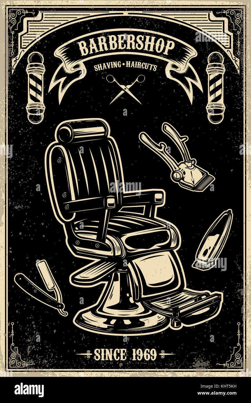 Barber shop poster template. Barber chair and tools on grunge ... Barber shop poster template. Barber chair and tools on grunge ...