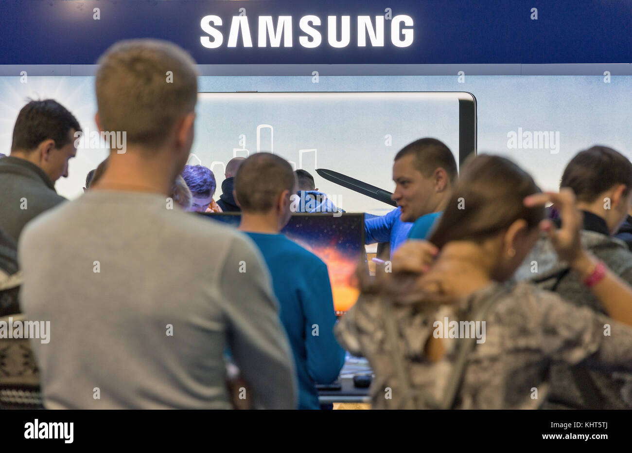 KIEV, UKRAINE - OCTOBER 07, 2017: People visit Samsung, a South Korean ...