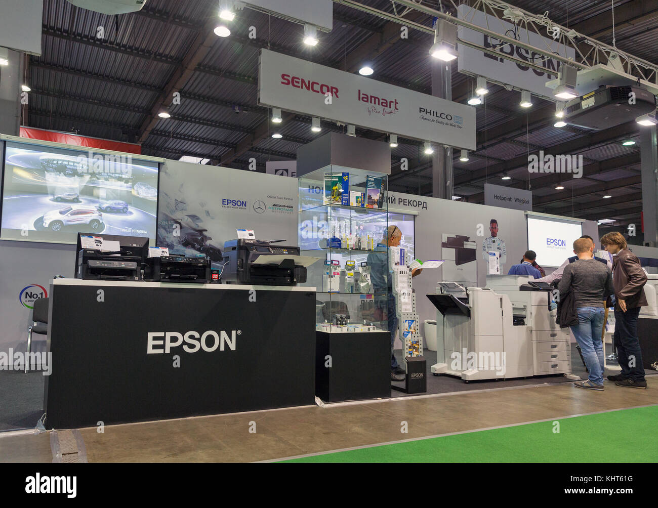 KIEV, UKRAINE - OCTOBER 07, 2017: People visit Epson, Japanese ...