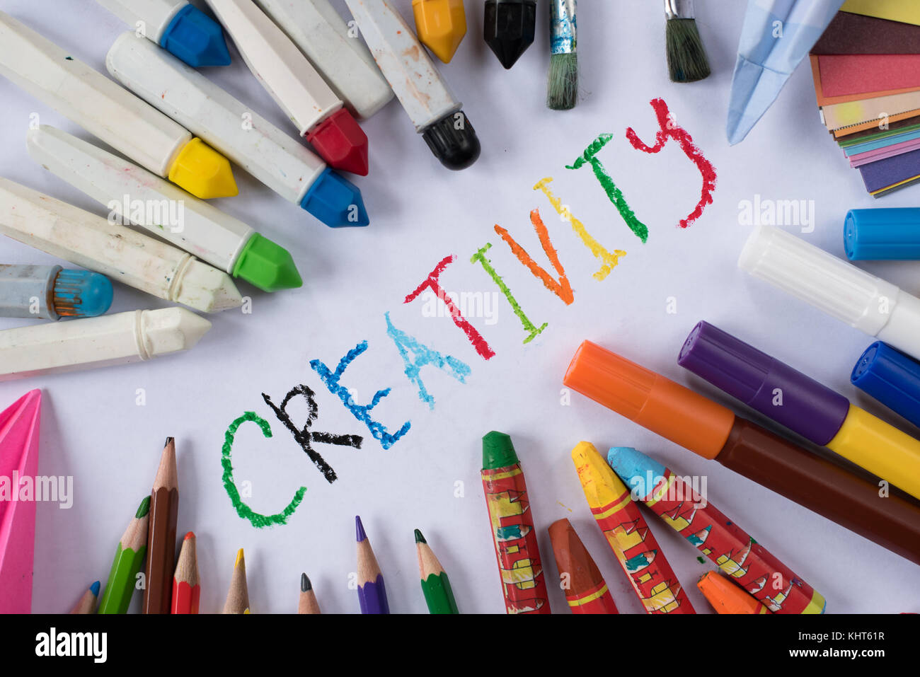 creativity concept - colorful paper, crayon, colorful pencil and paper ...