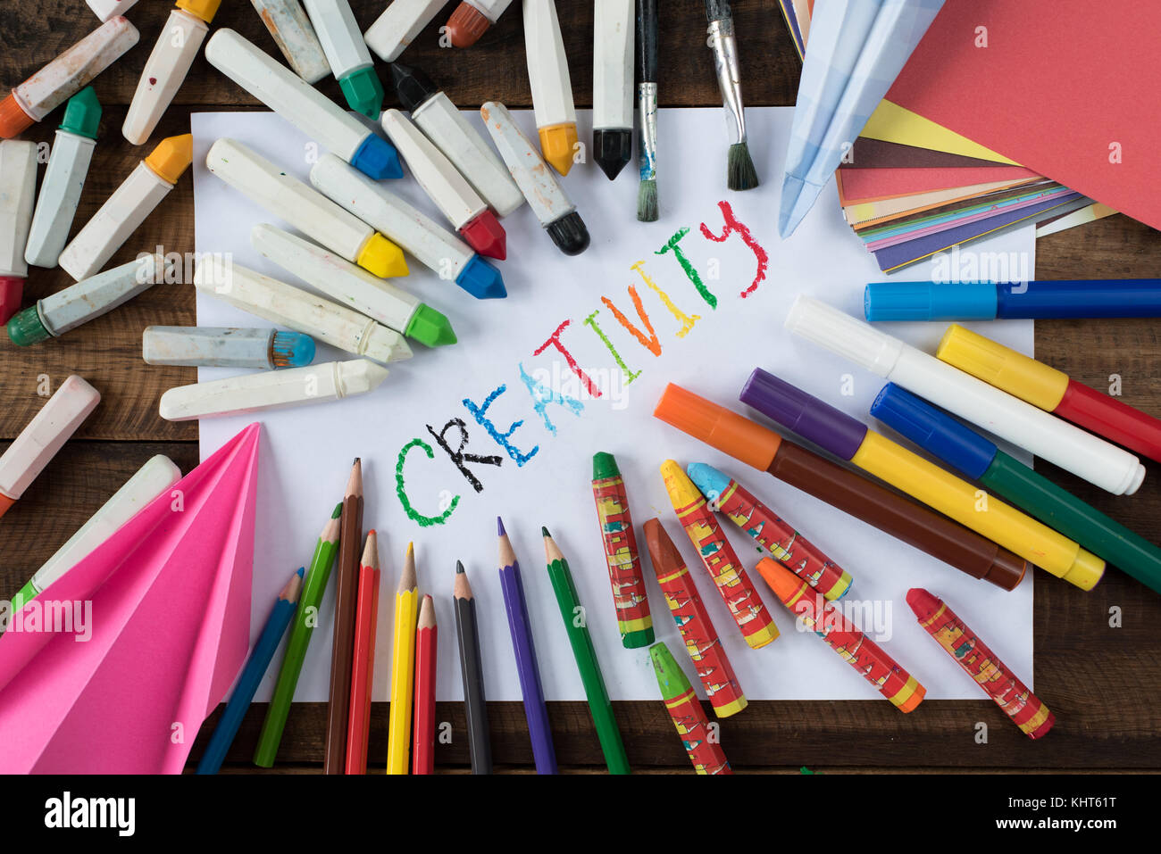 creativity concept - colorful paper, crayon, colorful pencil and paper ...