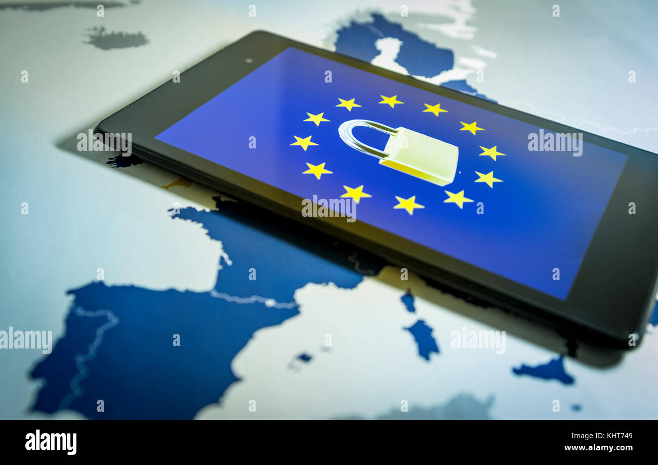 Padlock and EU flag inside smartphone and EU map, symbolizing the EU ...