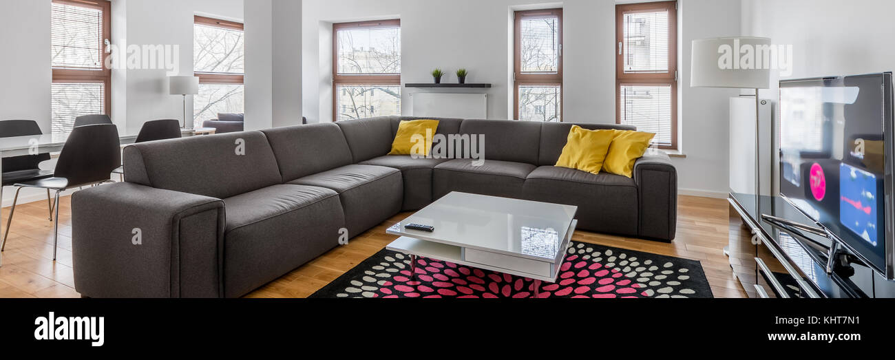 Modern, tv living room with extra large sofa and pattern carpet ...