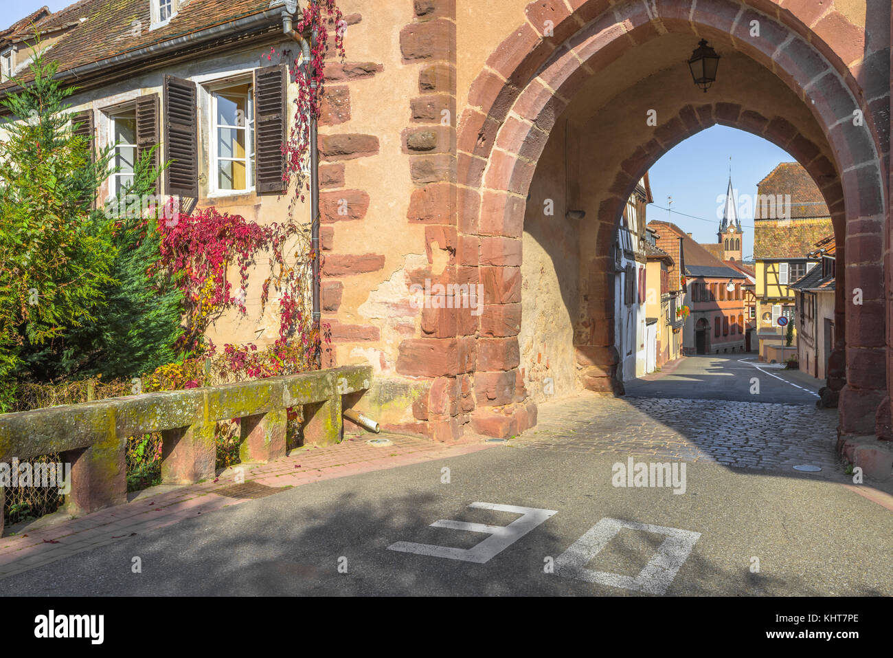 medieval town gate, upper gate of the village Boersch, on the Wine ...