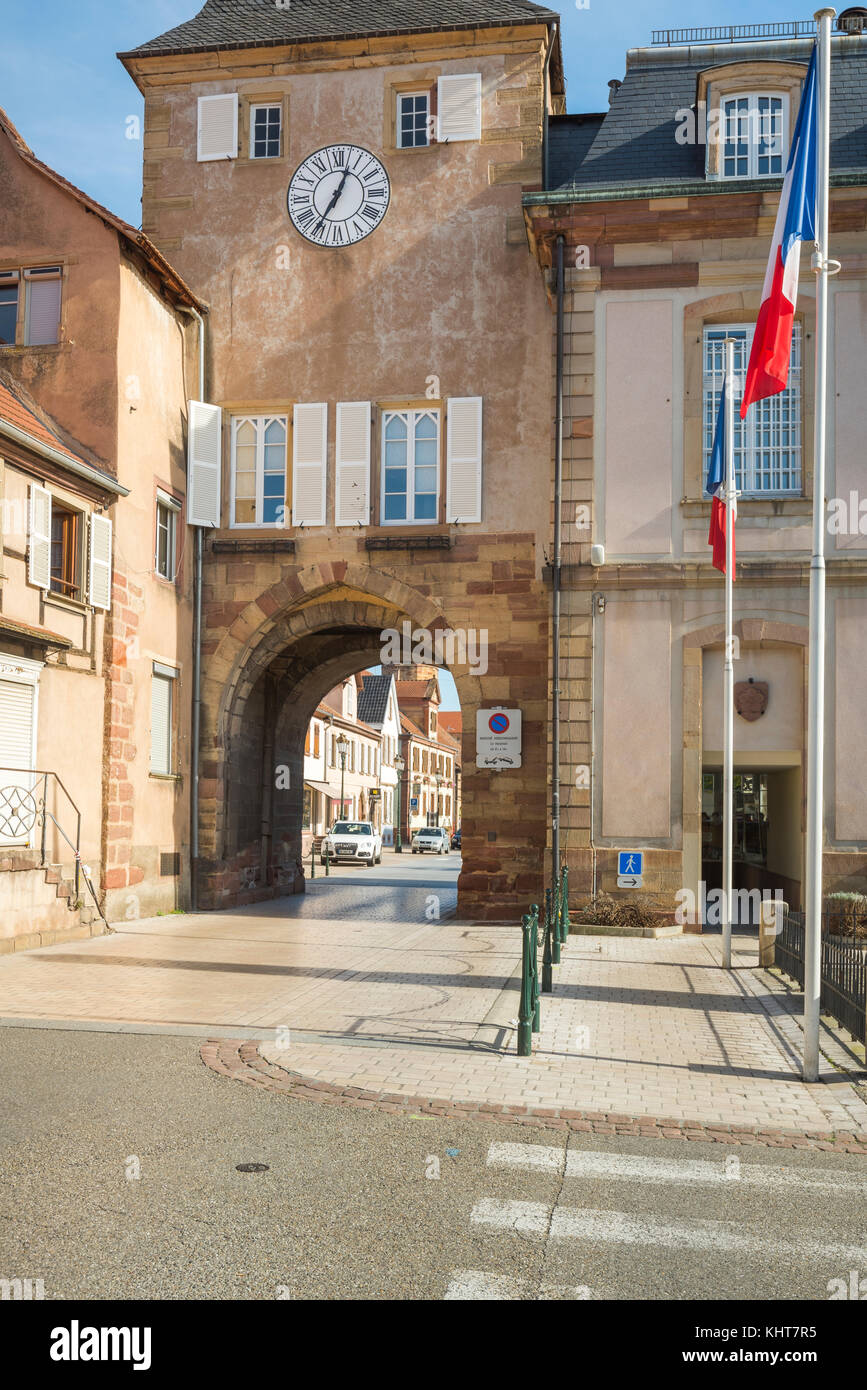 town gate with clock tower of the village Rosheim, Alsace, France Stock ...