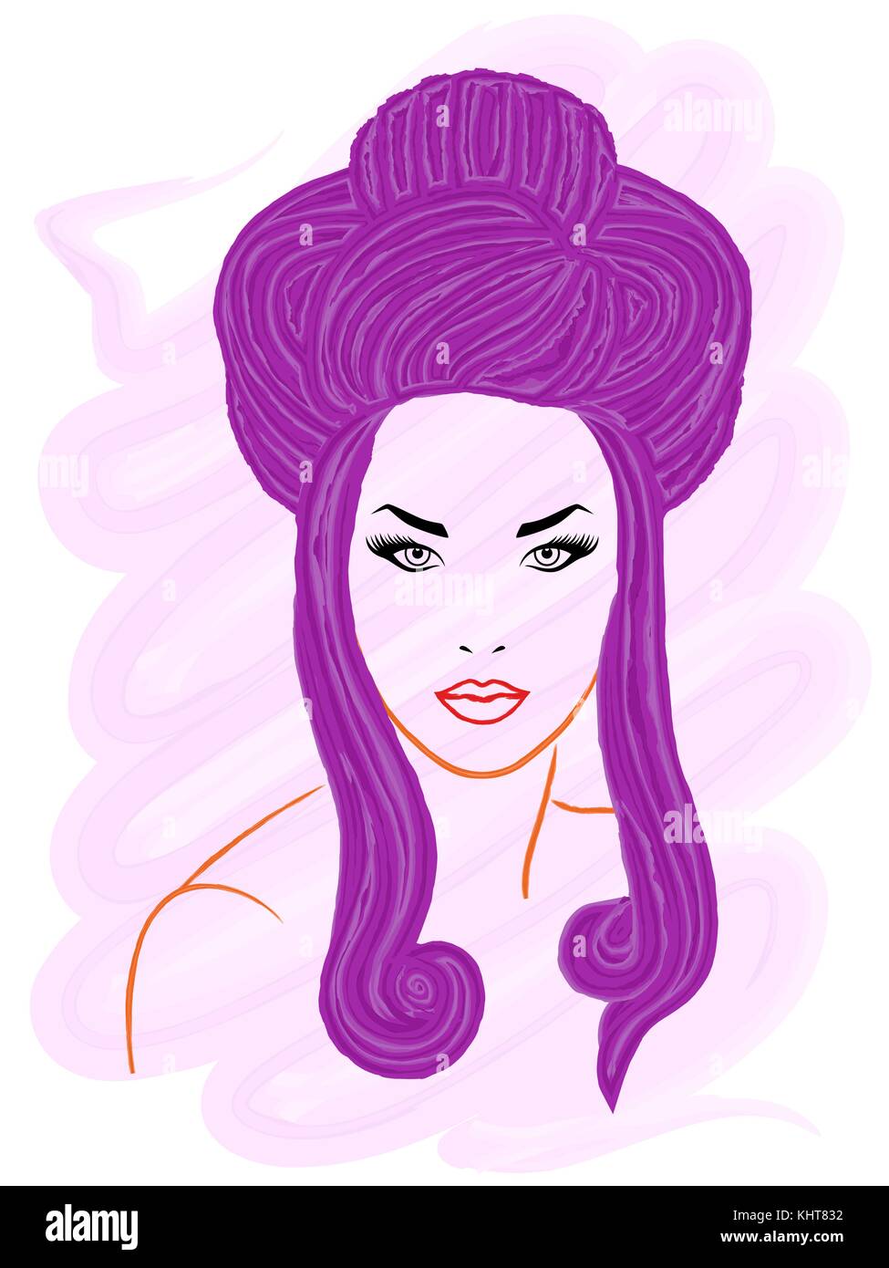 Girl with violet hair, hand drawing color vector illustration with ...