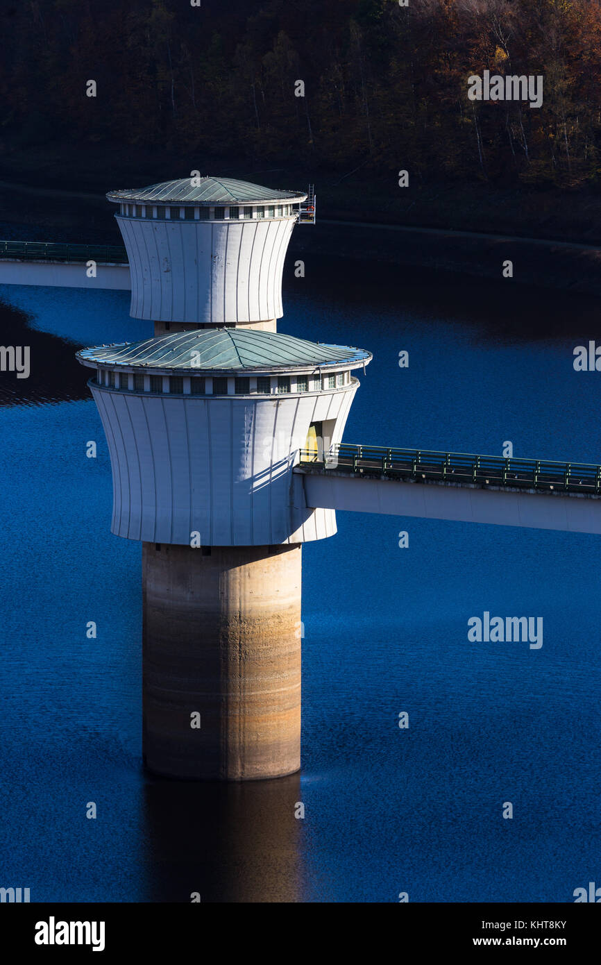 Close-up of two wells of Gileppe Dam, an arch-gravity dam and its two 2 ...