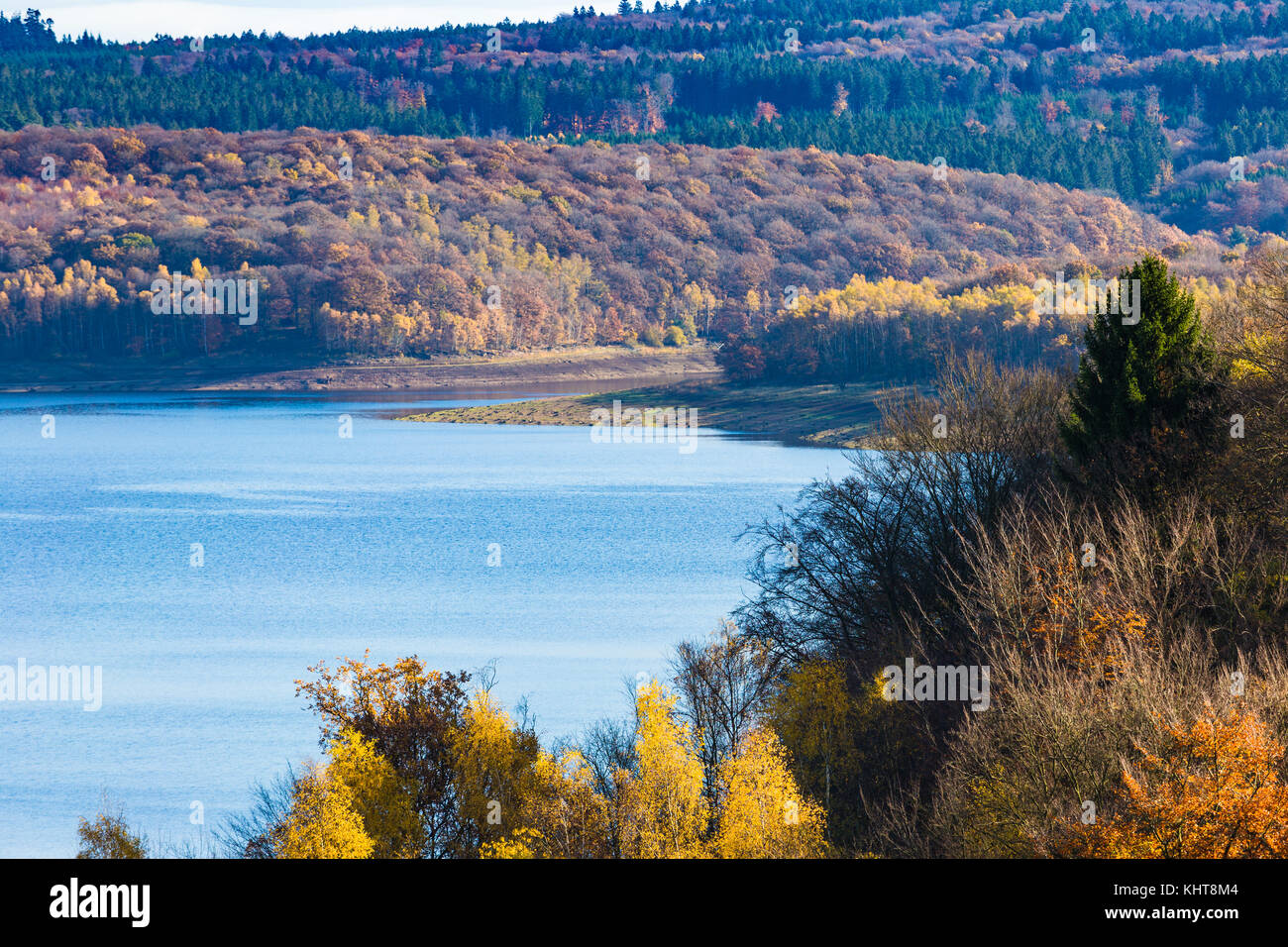 Banks of Gileppe lake with colorful foliage on trees, Belgian Ardennes ...