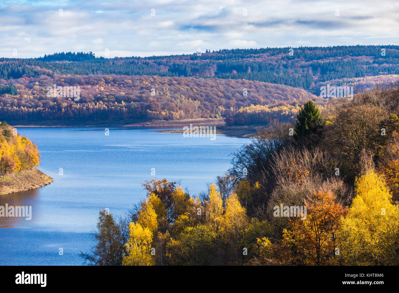 Banks of Gileppe lake with colorful foliage on trees, Belgian Ardennes ...