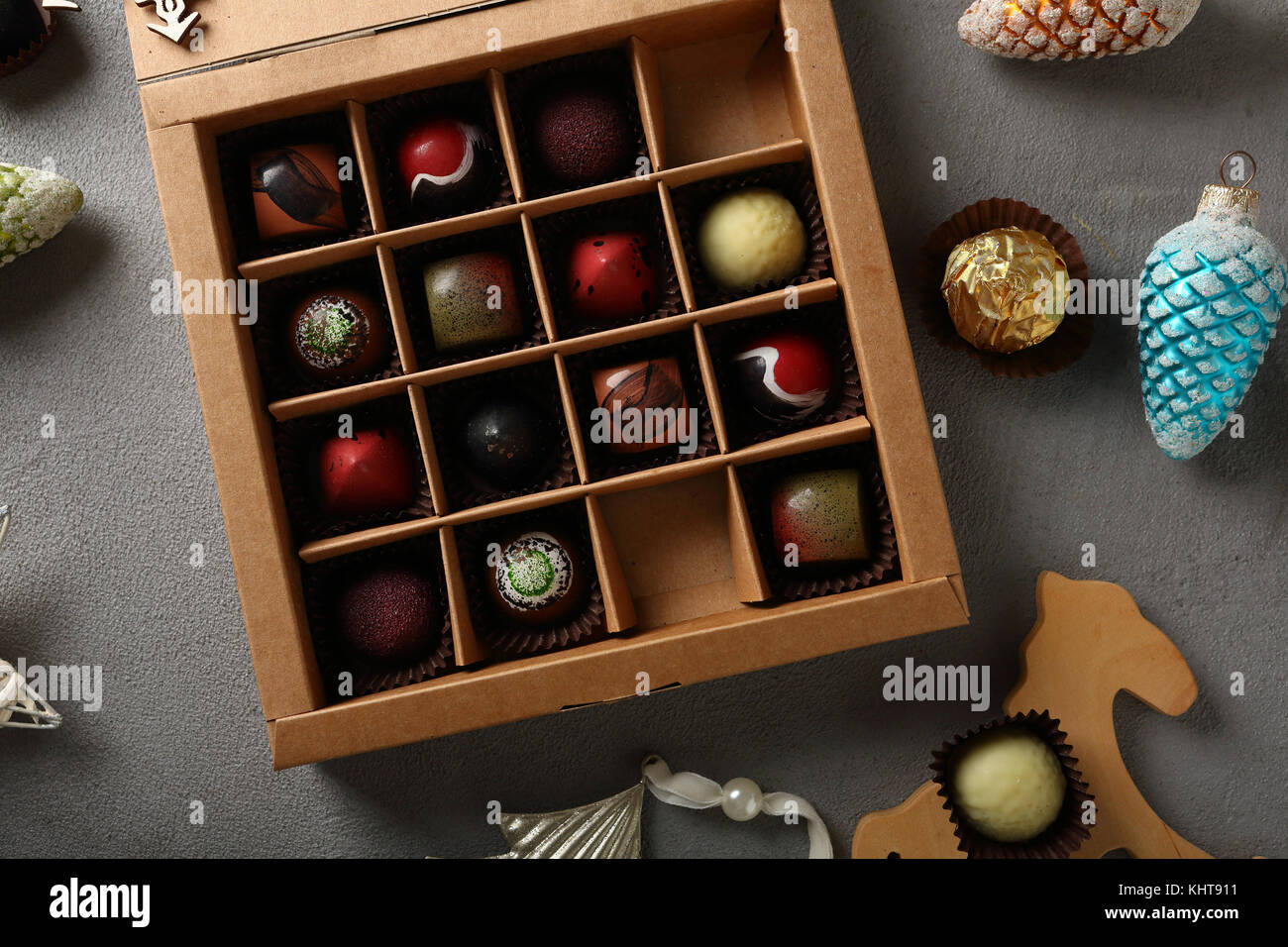 Holiday chocolate box on christmas background Stock Photo - Alamy