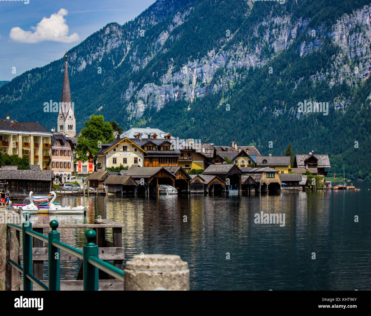 Scenic view of the Hallstatt lakeside village in Austria Stock Photo ...