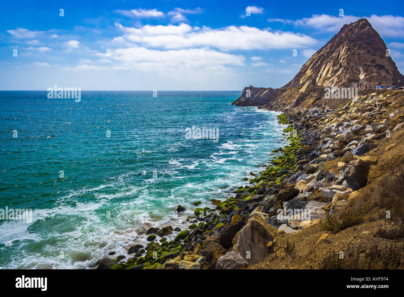Rocky shoreline view of the Point Mugu Rock along Pacific Coast Highway ...