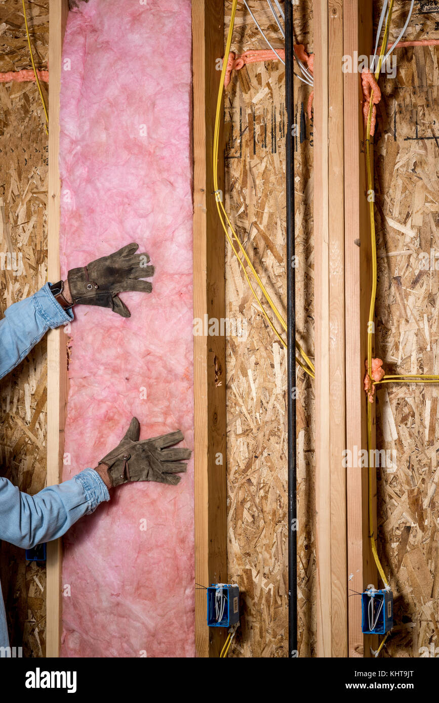 Pink insulation installed between wood studs in new home construction ...