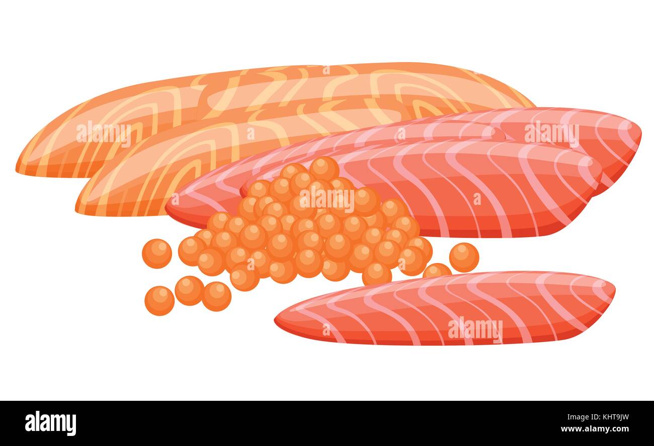 sea fish salmon with caviar and fillets, vector illustration isolated ...