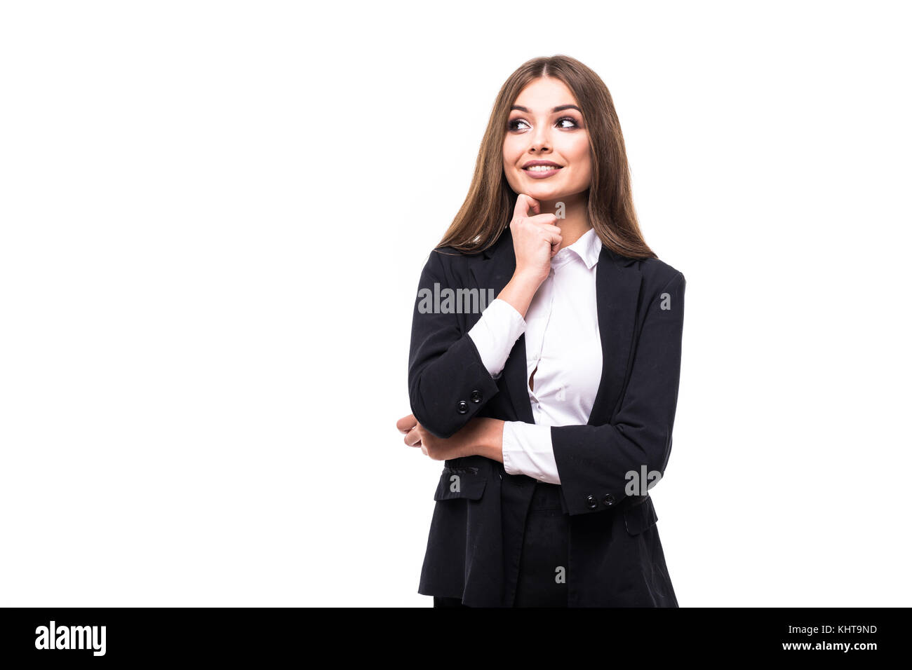 Young business woman thinking making choice, isolated on white Stock ...