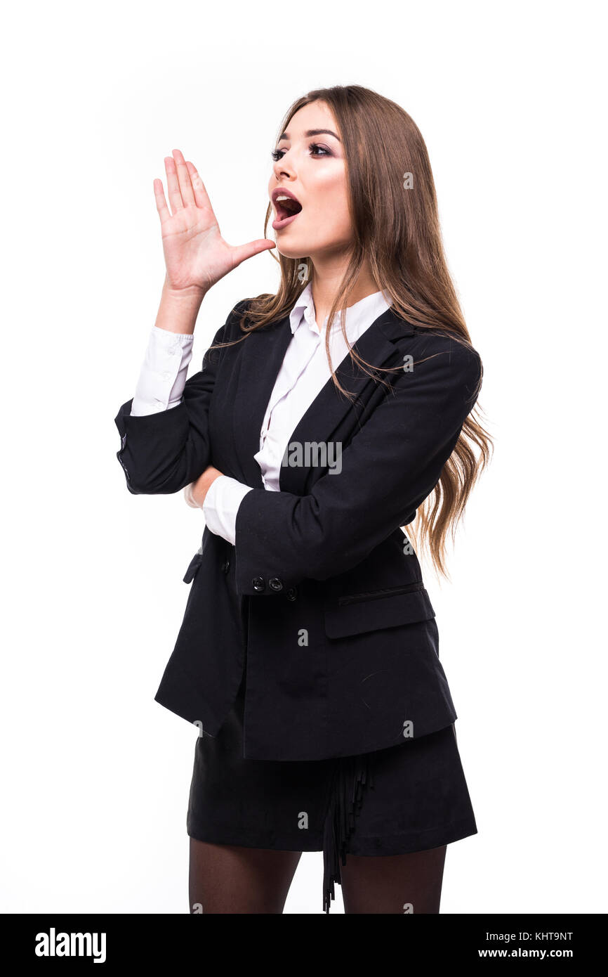 portrait of pretty businesswoman loud screaming or calling out to ...