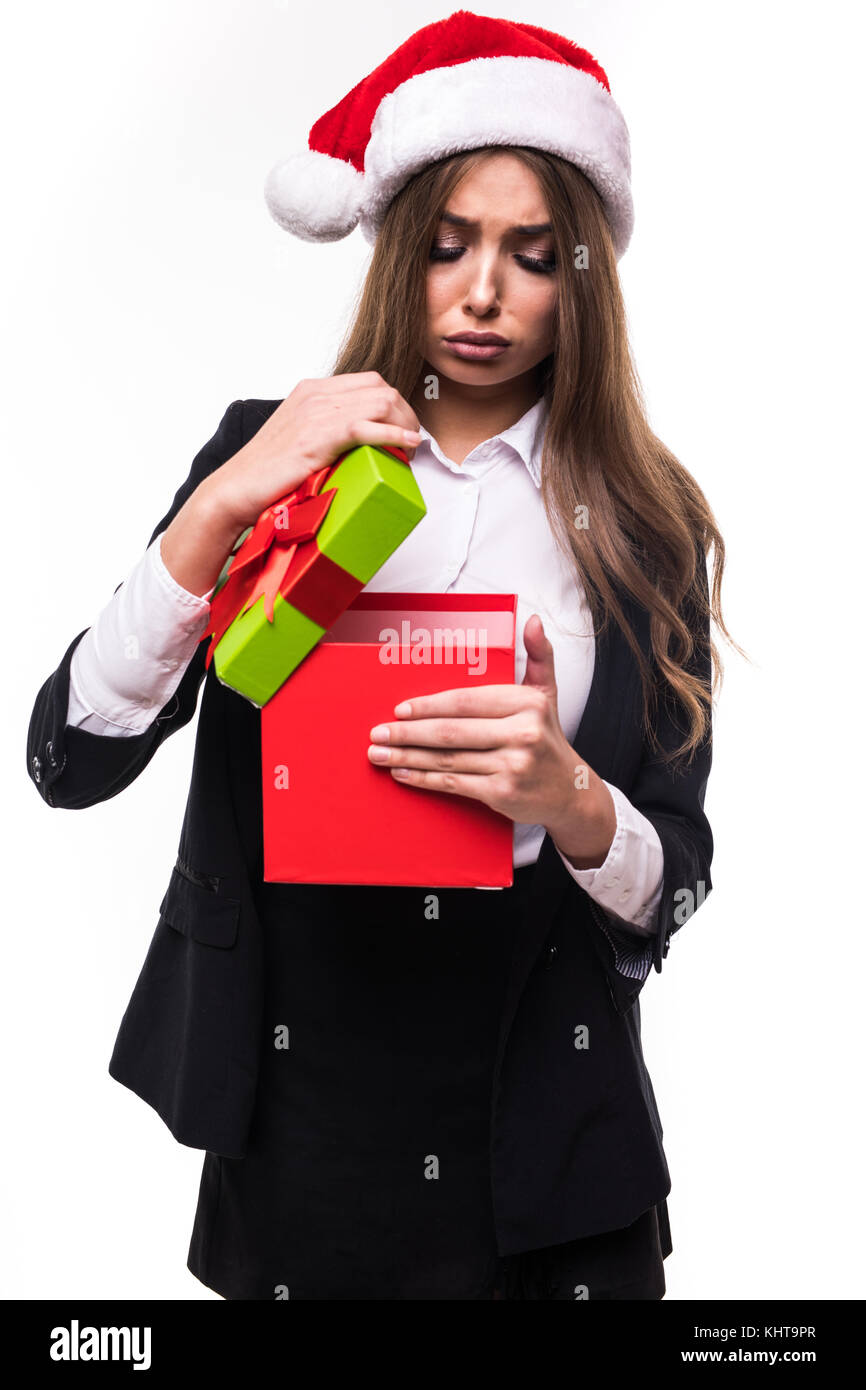 Christmas business Woman open Gift Box with happy emotion. Beautiful ...