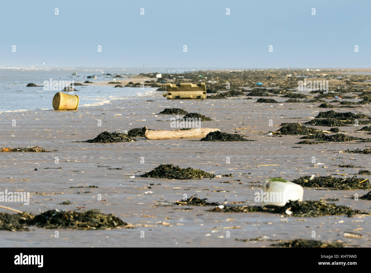 Beach debris washed up onto Southport beach in Merseyside Stock Photo ...