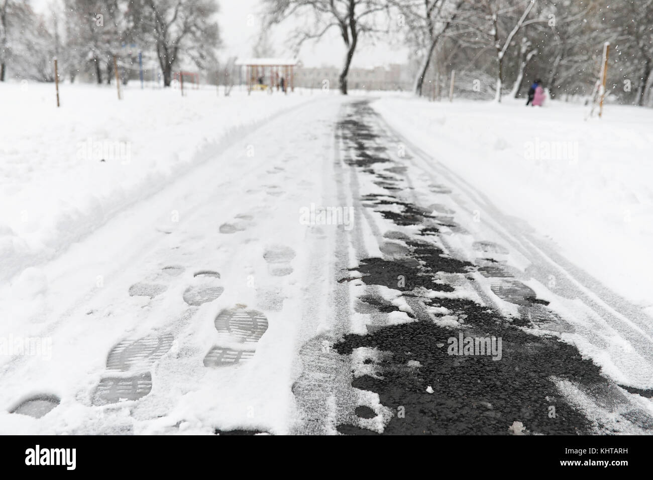 Footprints in the snow. Footprints on the first snow. Imprint of Stock ...