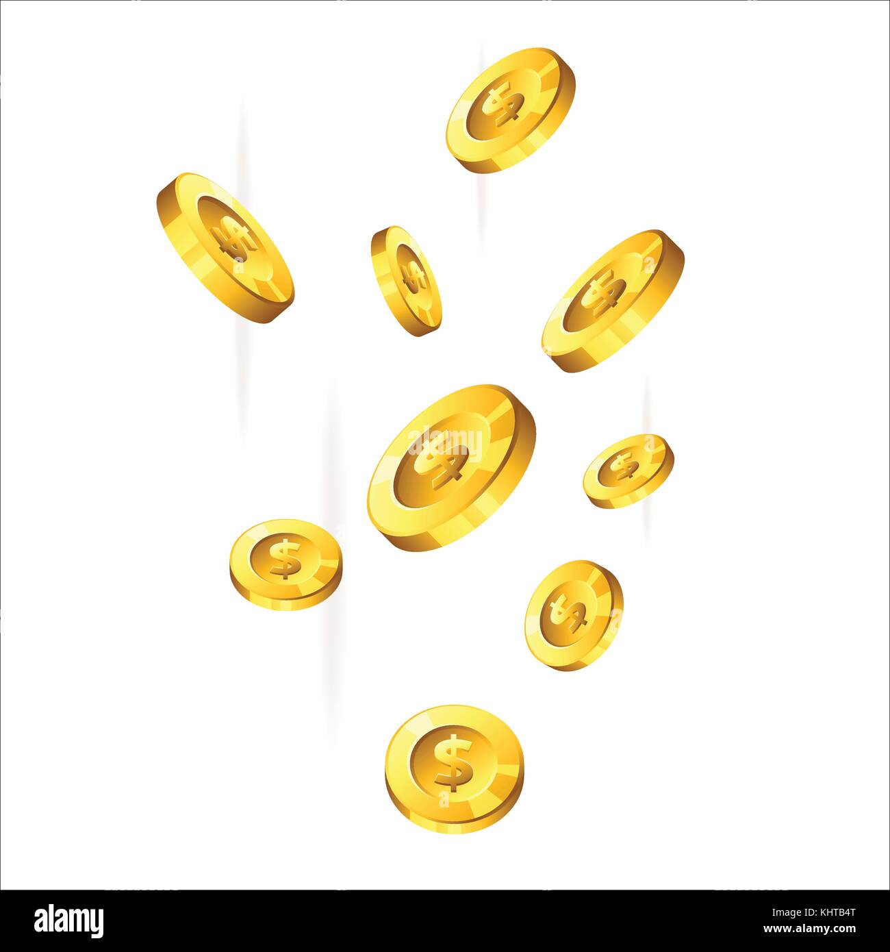 Vector cartoon style illustration of falling golden coins on white ...