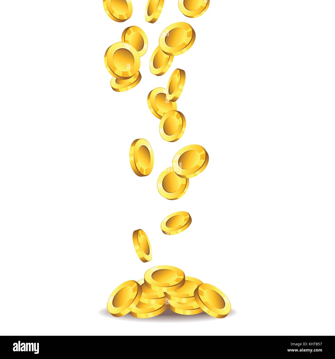 Vector cartoon style illustration of falling golden coins on white ...