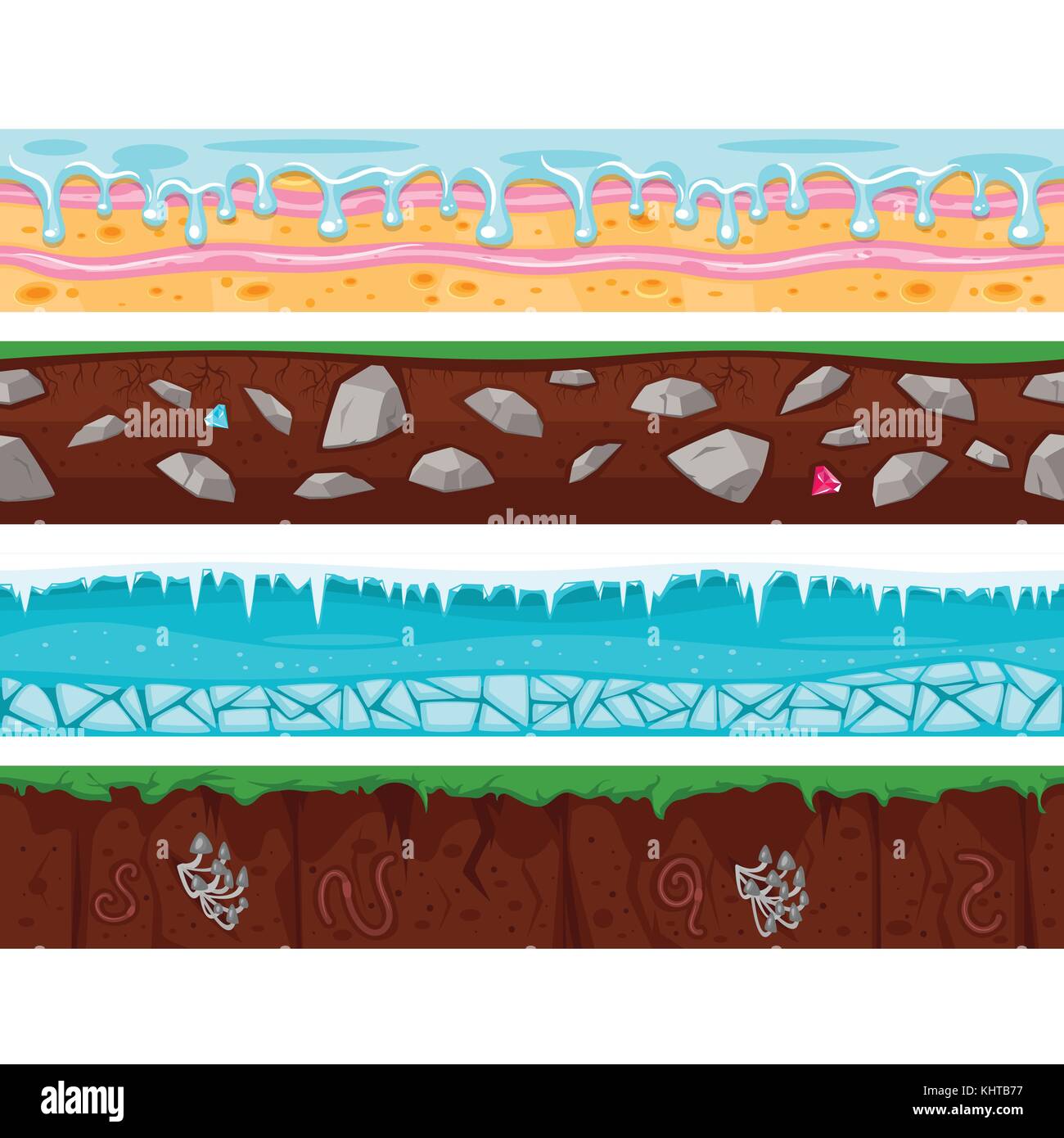 Vector cartoon style set of different seamless grounds, soils and land ...