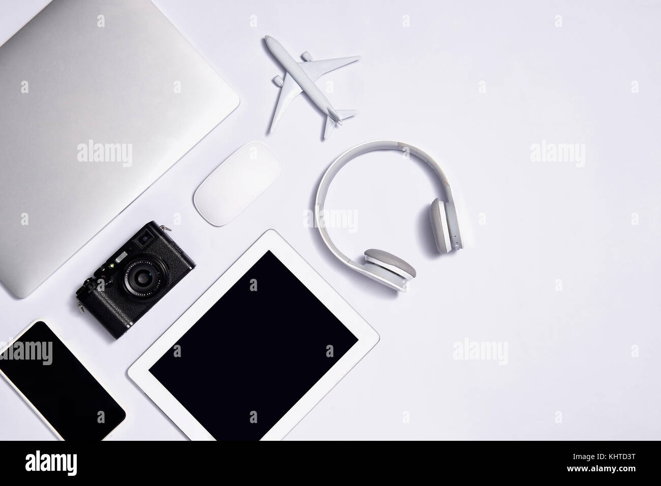 Different white set of objects for traveling on white background. Top ...