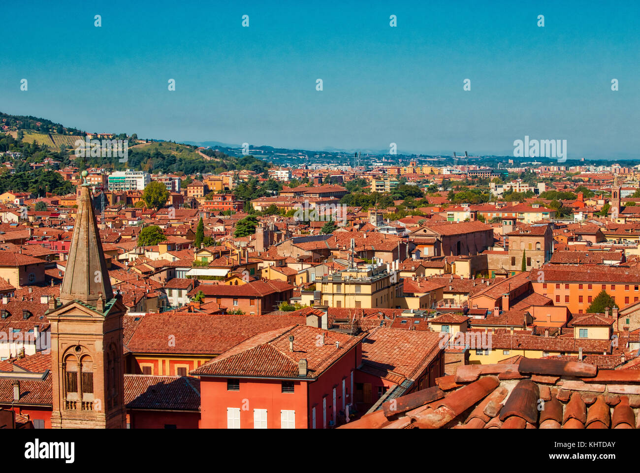 Aerial panoramic cityscape of Bologna, Italy, with rooftops of typical ...