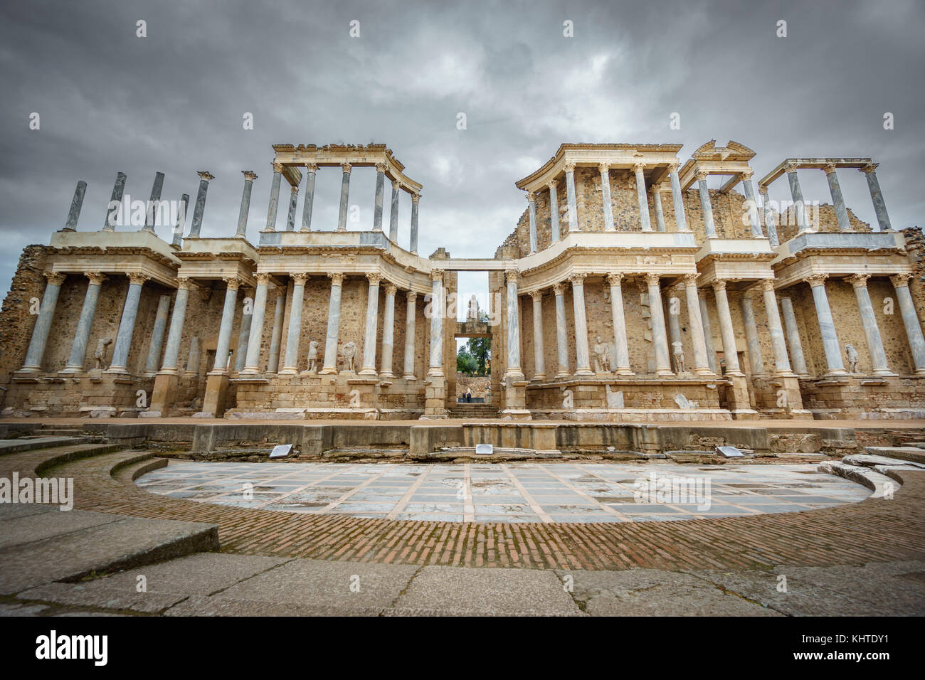 The Roman Theatre proscenium in Merida, front view Stock Photo - Alamy
