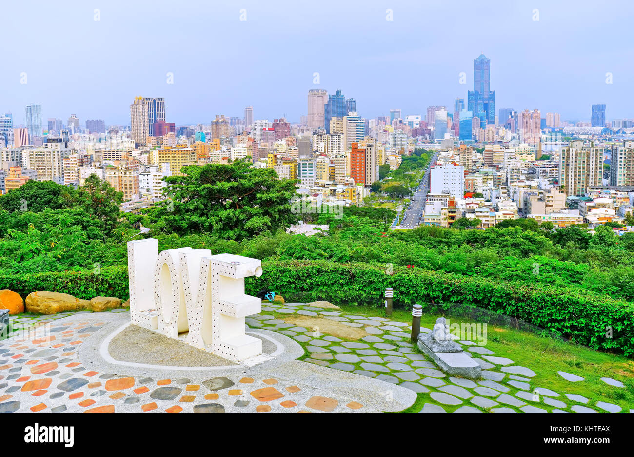View of the skyline with the artwork in a park in Kaohsiung, Taiwan ...
