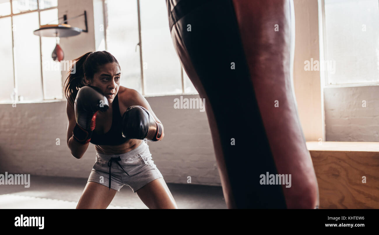 Female boxer hitting a huge punching bag at a boxing studio. Woman boxer training hard Stock ...